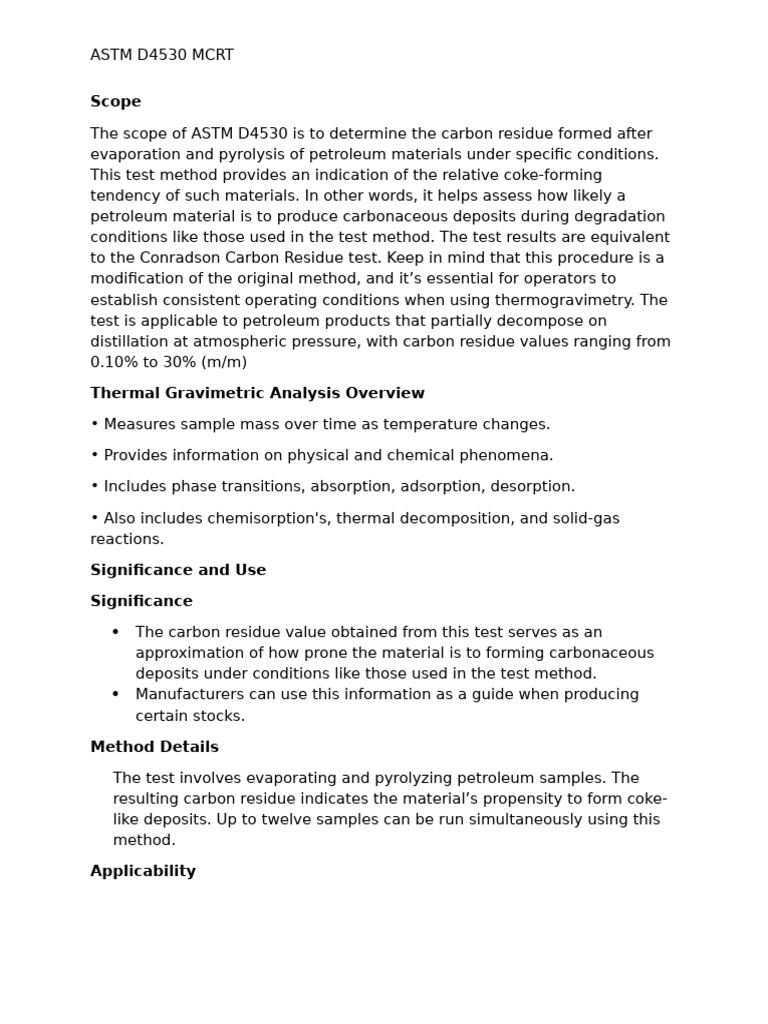 ASTM D4530 MCRT | PDF | Thermogravimetric Analysis | Physical Sciences ASTM D4530 MCRT | PDF | Thermogravimetric Analysis | Physical Sciences