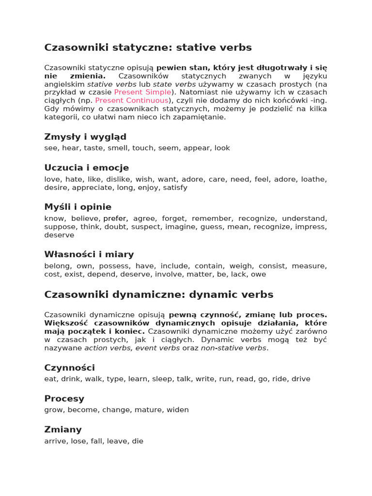 Angielskie Czasowniki Statyczne I Dynamiczne | PDF