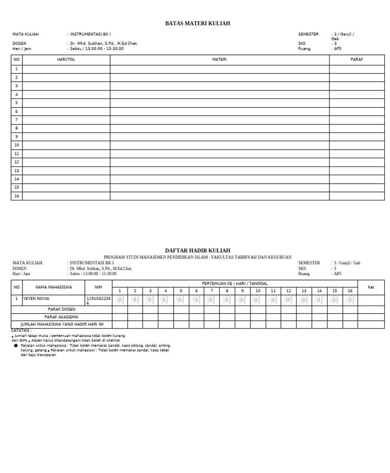 Form Absen Kelas - 20241-KI-184 - INSTRUMENTASI BK MANAJEMEN PENDIDIKAN ISLAM | PDF