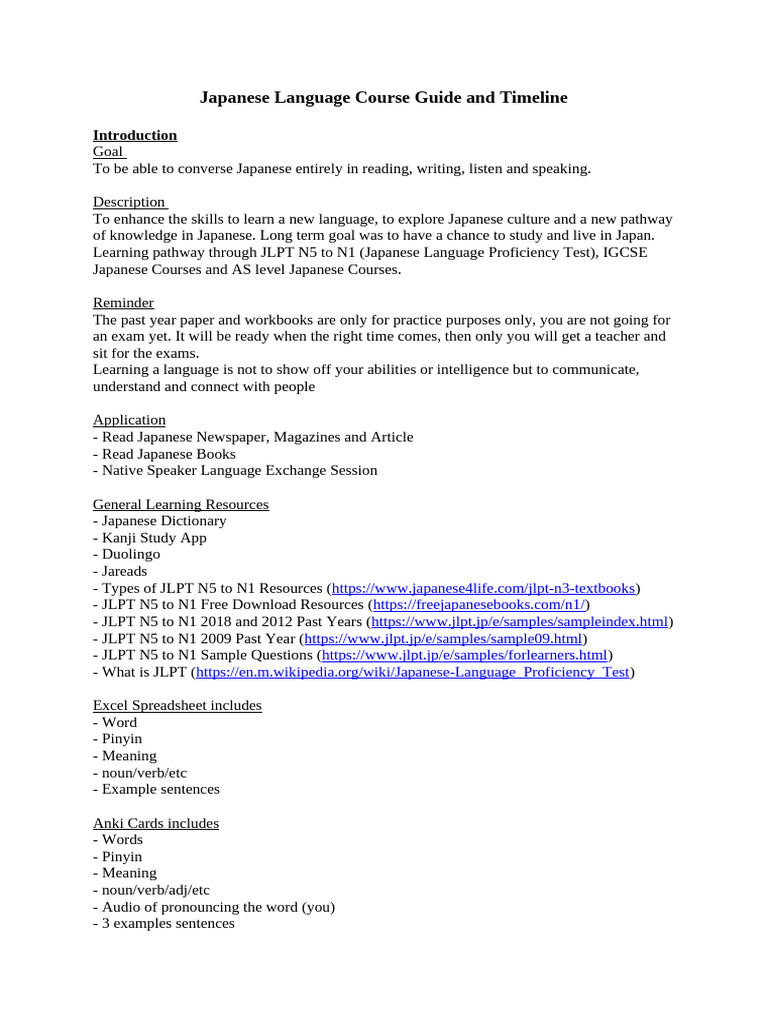 Japanese Language Course Guide and Timeline | PDF | Japanese Language | Human Communication