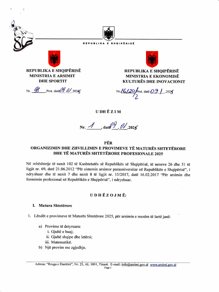 Udhezimi I Perbashket Nr. 1 Date 09.01.2025 Datat MSH 2025 | PDF