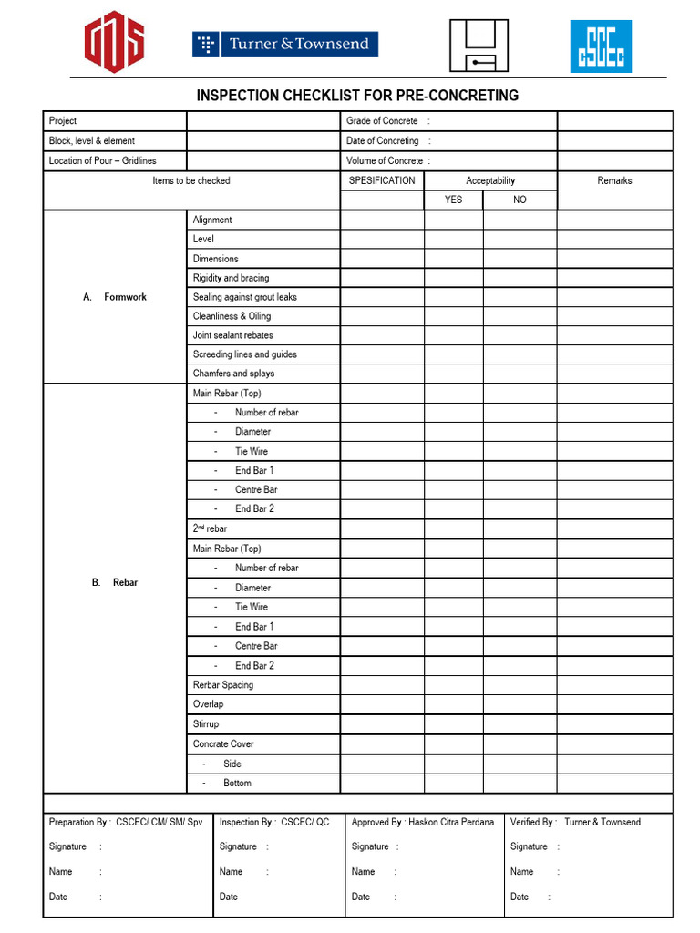 Form Checklist Inspection | PDF | Masonry | Reinforced Concrete