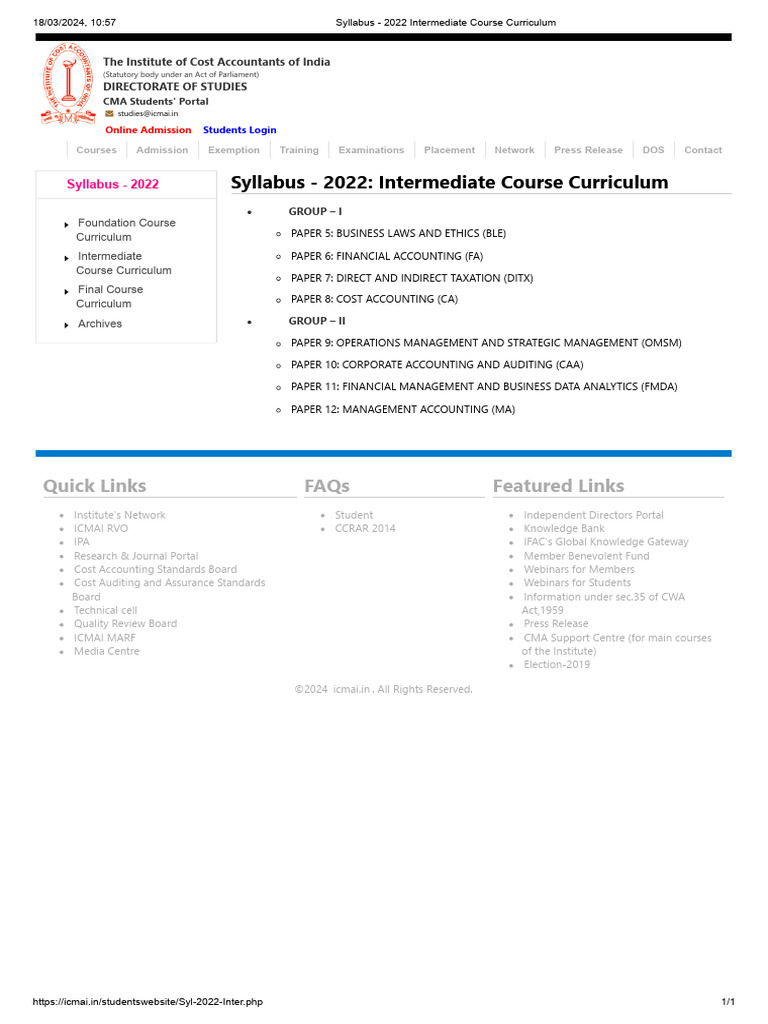 CMA Intermediate Syllabus 2022 Overview | PDF | Accounting | Business
