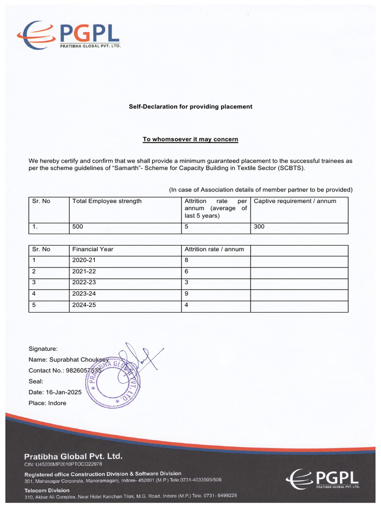 Self-Declaration For Providing Placement | PDF