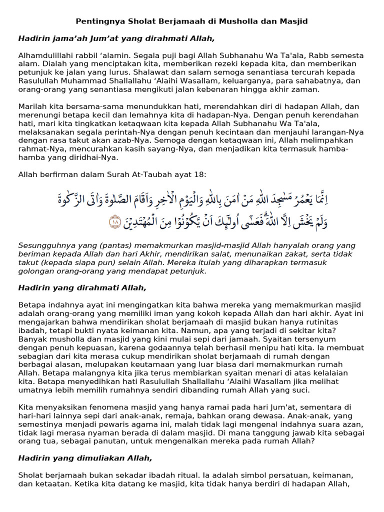 Pentingnya Sholat Berjamaah Di Musholla Dan Masjid | PDF