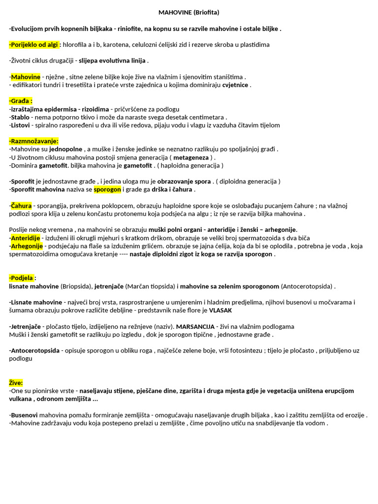 Biologija Mahovine I Paprati | PDF