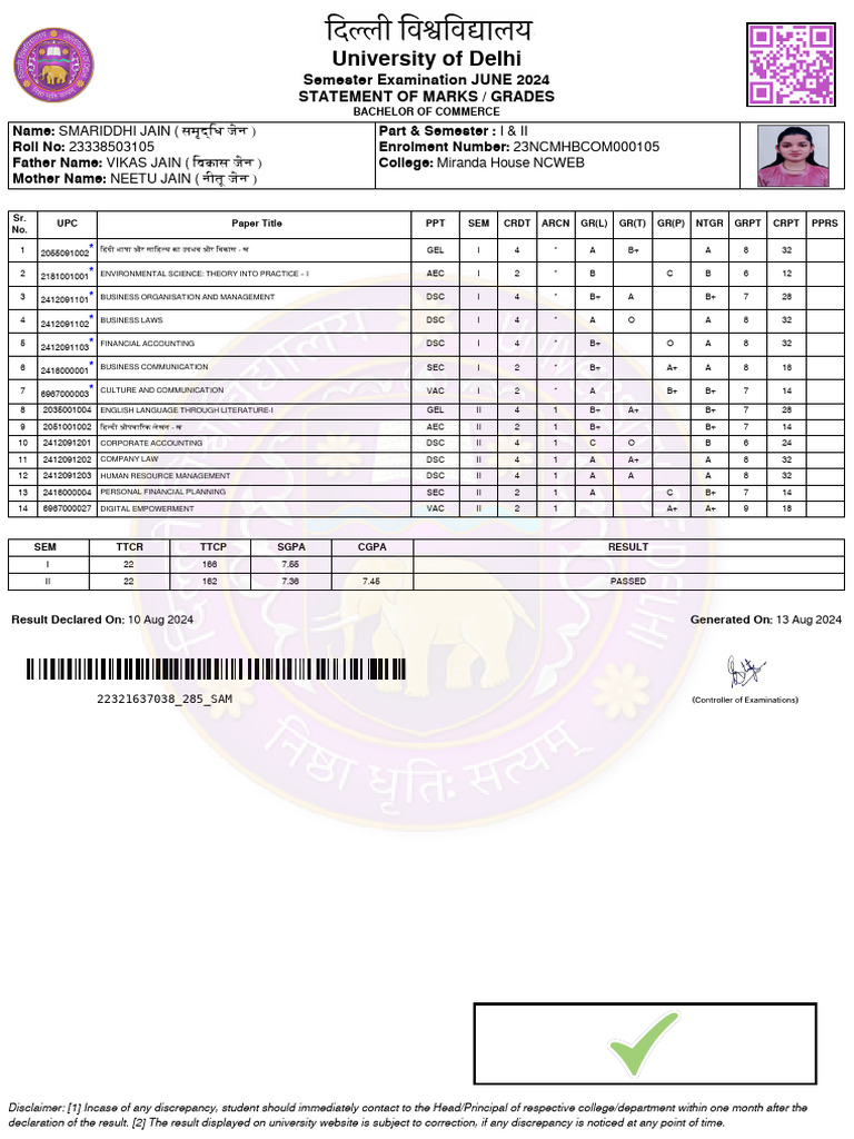 Smariddhi Jain Marksheet Bcomprog | PDF | Student Assessment And ...