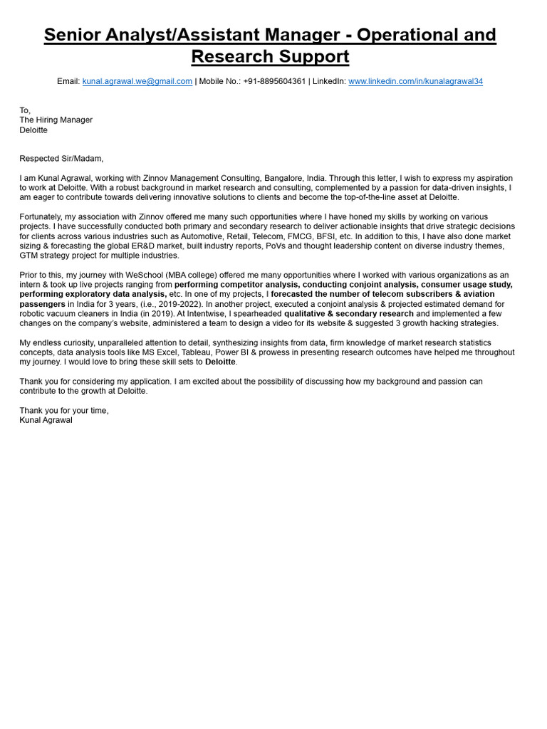 CoverLetter - Kunal Agrawal | PDF | Marketing Research | Business