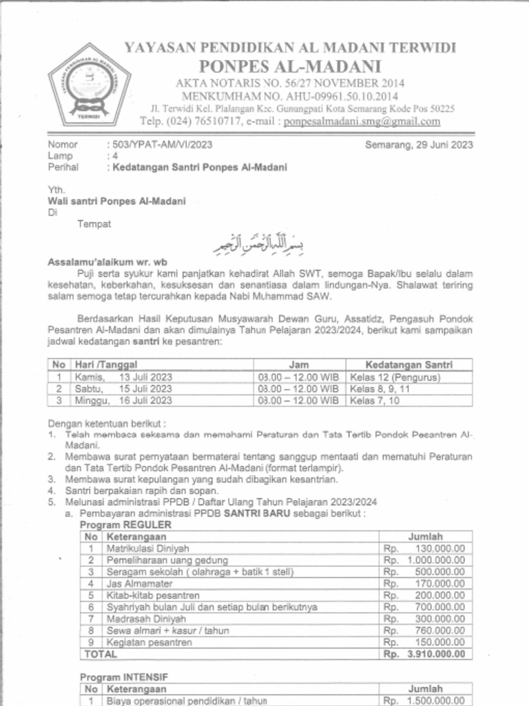 PEMBERITAHUAN KEDATANGAN SANTRI PONPES AL-MADANI TP. 2023-2024 | PDF