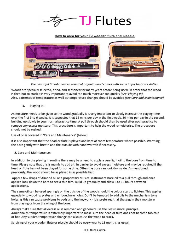 How To Care For Your TJ Wooden Flute and Piccolo 2024 | PDF | Flute | Wood