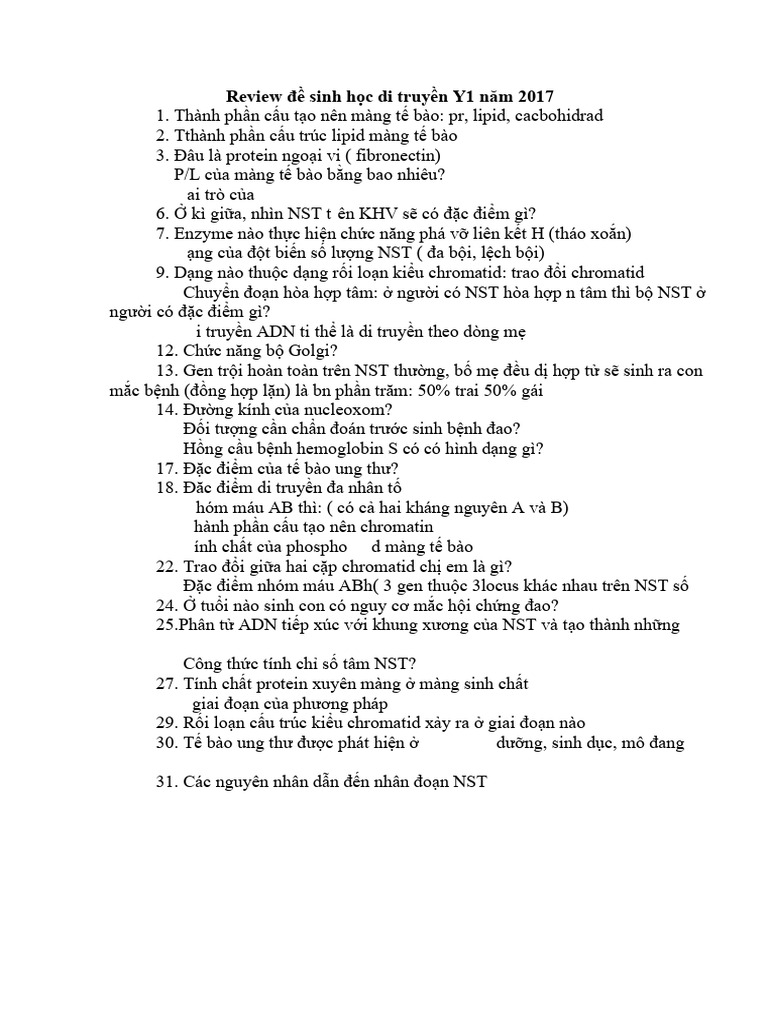 Review đề sinh học di truyền Y1 năm 2017 | PDF