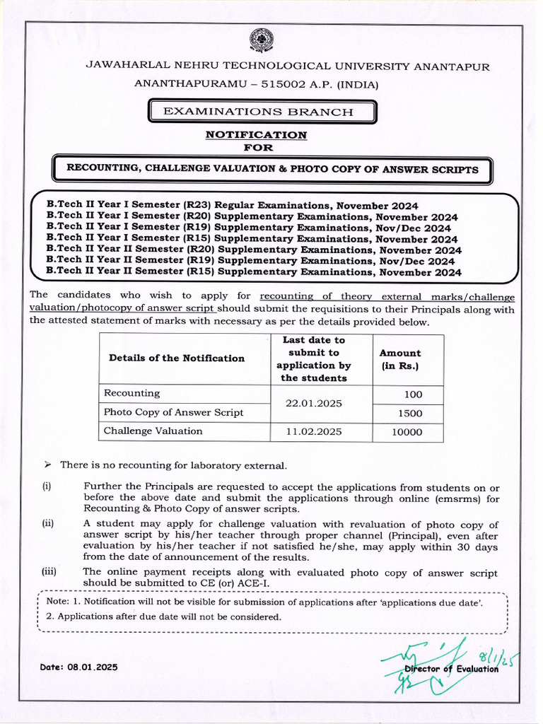 JNTU Anantapur B.Tech Exam Recounting Notice | PDF