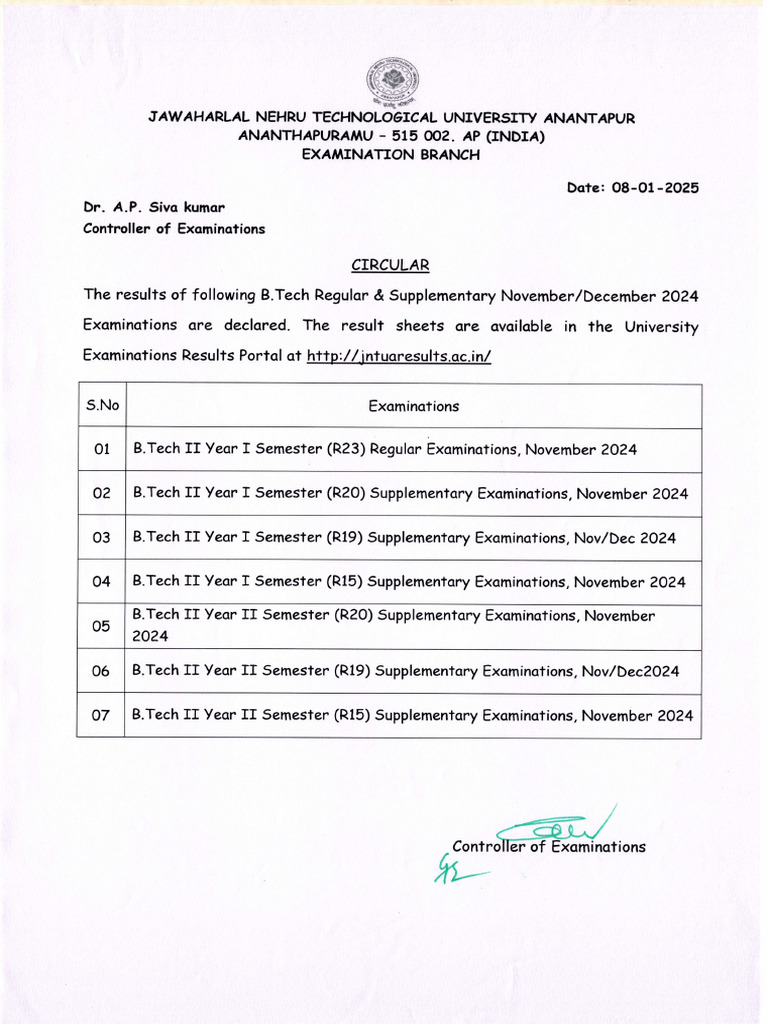 B.tech II I II Sem R23 R20 R19 R15 Reg Supple Nov Dec 2024 Exams Declared Circular | PDF