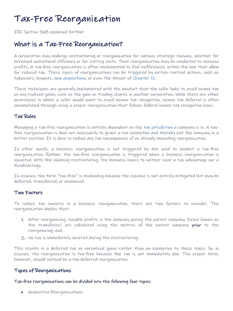Understanding Tax Free Reorganizations Pdf Tax Exemption Stocks