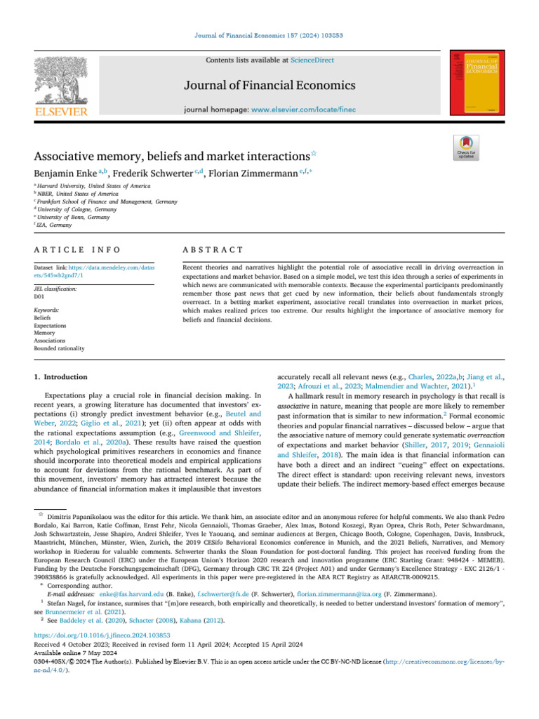 Associative Memory, Beliefs and Market Interactions | PDF | Recall (Memory) | Experiment