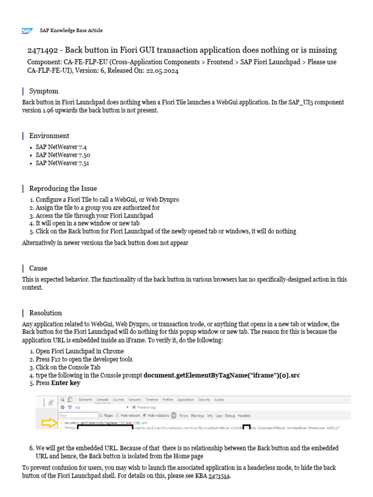 SAP KBA Missing Back Button | PDF | Computing | Cyberspace