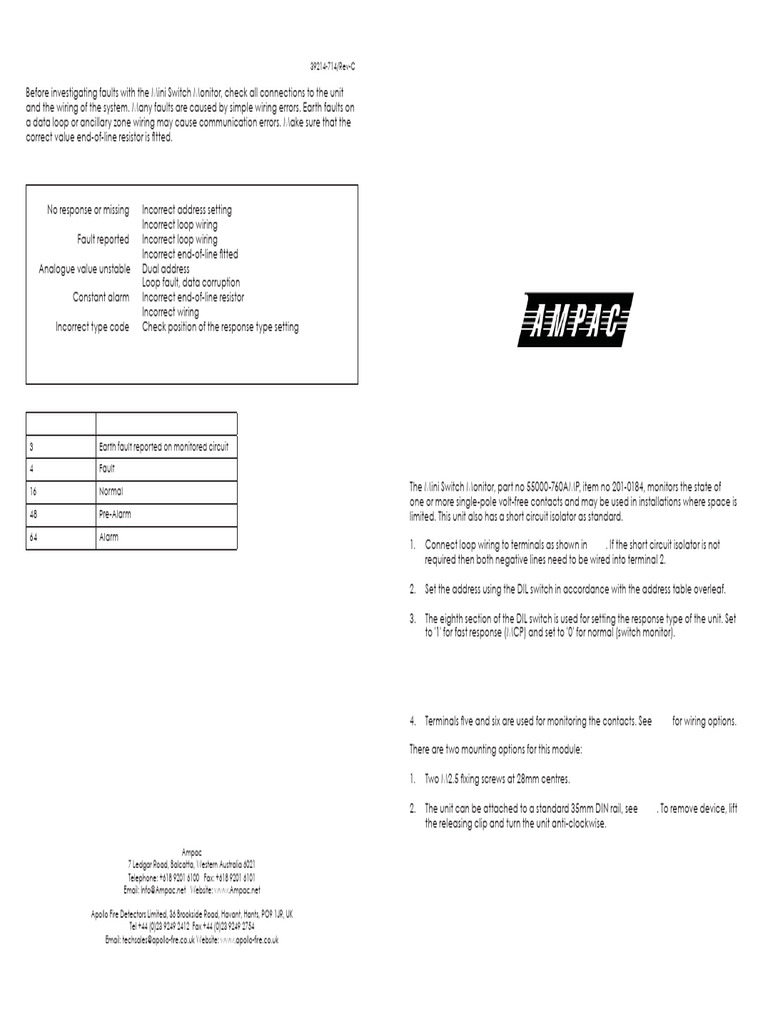 AMPAC Mini Switch Monitor IG714 Rev - C | PDF | Switch | Electrical Wiring