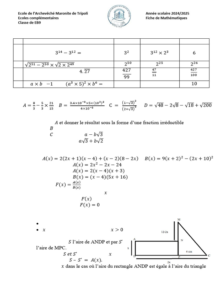 Examen Maths EB8 avec Correction | PDF | Triangle | Mathématiques ...