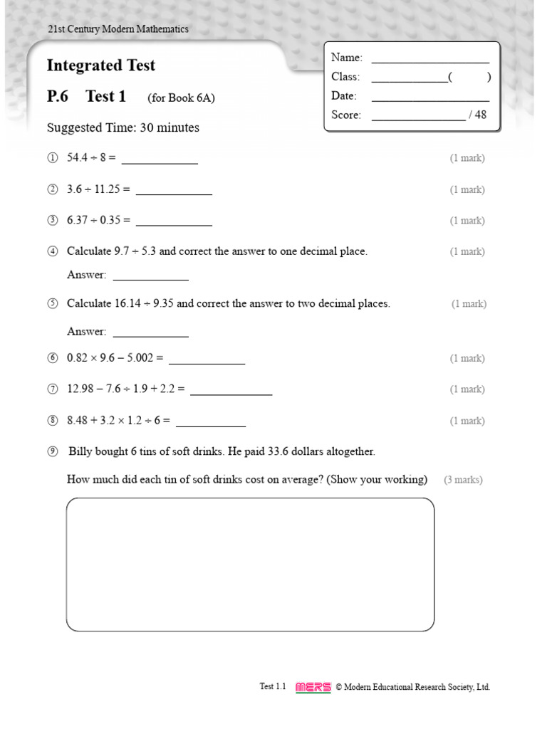 P6 Integrated Test 1 | PDF | Euclidean Geometry | Arithmetic