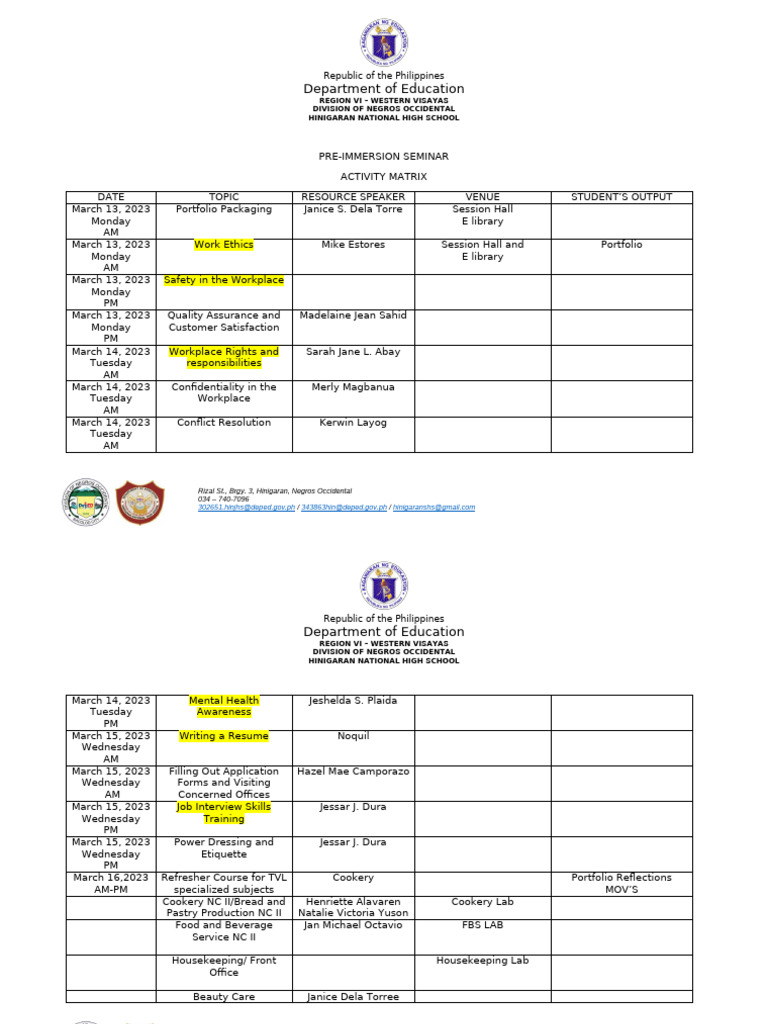 Work Immersion Pre Immersion Seminar | PDF