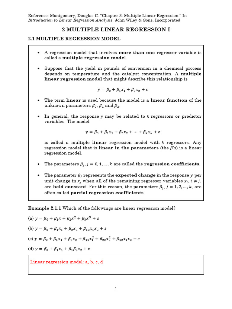 2 Multiple Linear Regression I 1 Pdf Errors And Residuals Linear Regression