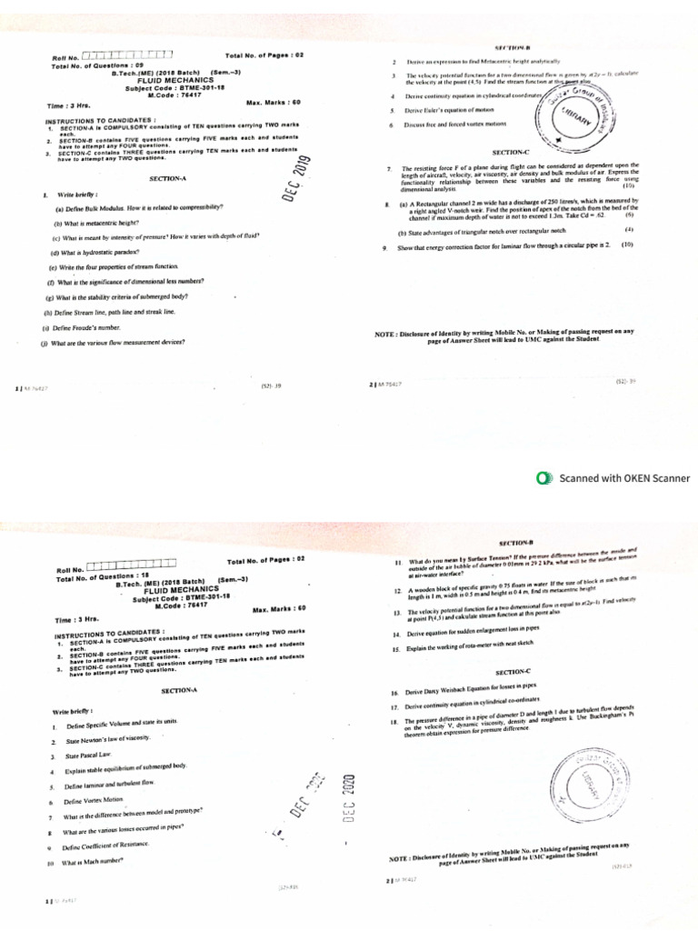 Fluid mechanics old ptu question papers | PDF