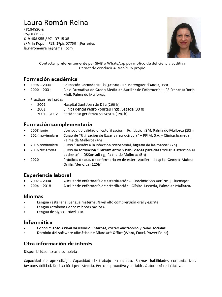 CV de Laura Román Reina - Auxiliar de Enfermería | PDF