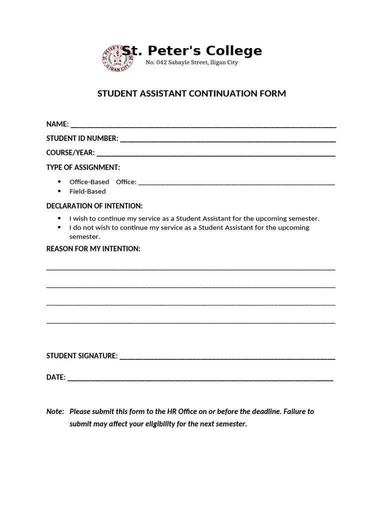 Student Assistant Letter of Intent | PDF