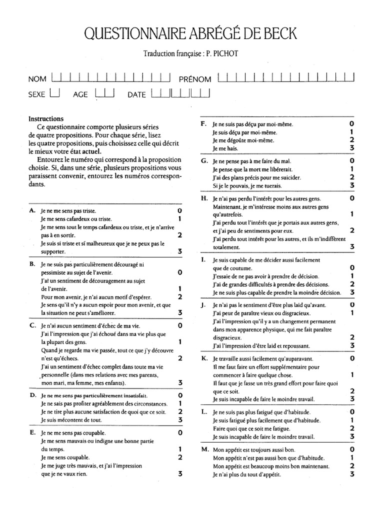 Test Dépression Beck Gratuit _ Test Évaluation Dépression Gratuit – XICHUC