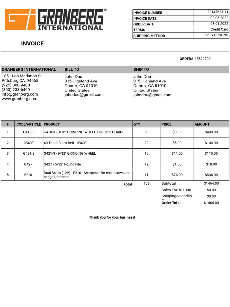 Granberg Intl Invoice #20147631-11 | PDF | Metalworking | Cutting Tools