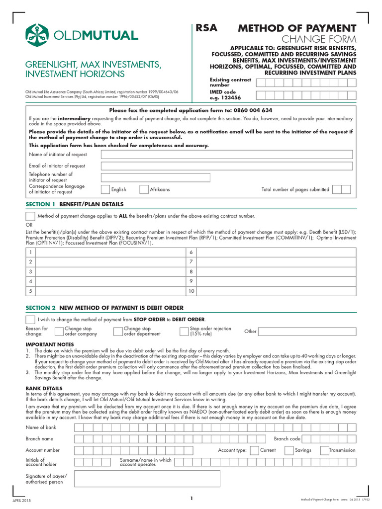 RSA MethodofpaymentchangeformENG | PDF | Insurance | Debit Card