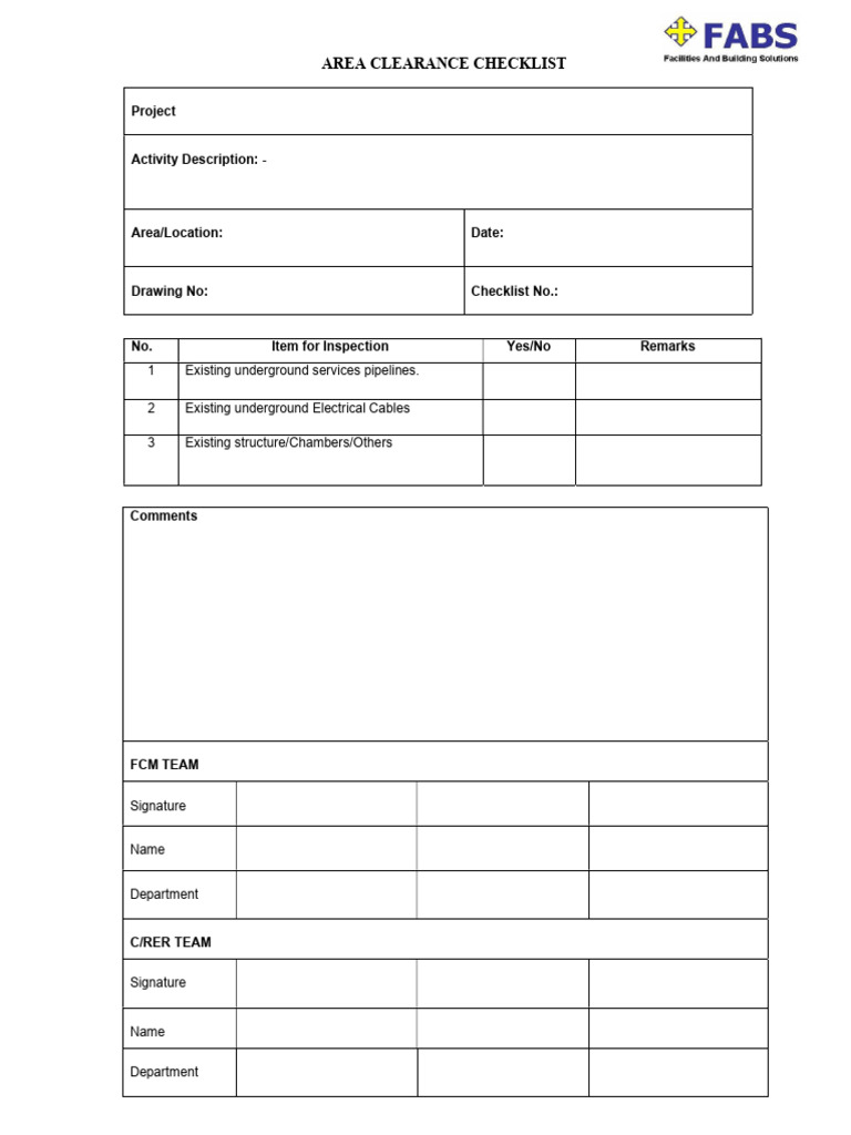 Area Clearance Inspection Checklist | PDF