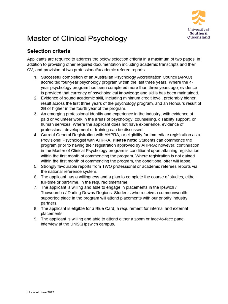 Master-Of-Clinical-Psychology-Selection - Criteria-2024 | PDF | Clinical Psychology | Psychology
