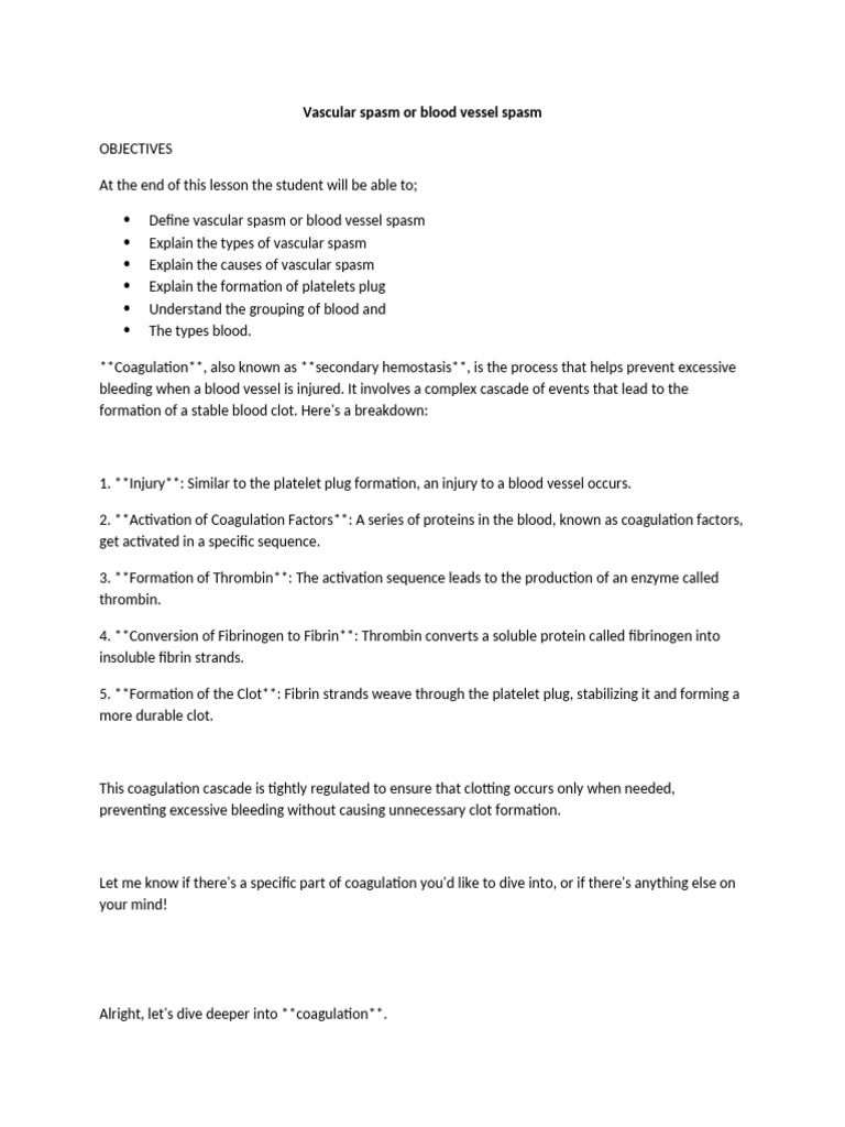 Vascular Spasm or Blood Vessel Spasm | PDF | Coagulation | Thrombus
