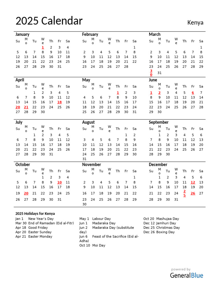 2025 Calendar Standard With Holidays Portrait Sunday Start en Ke | PDF