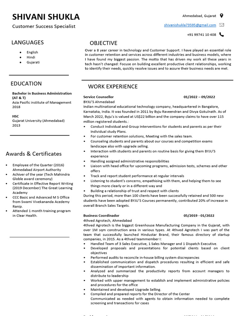 CV Shivani for BD | PDF | Baggage | Business