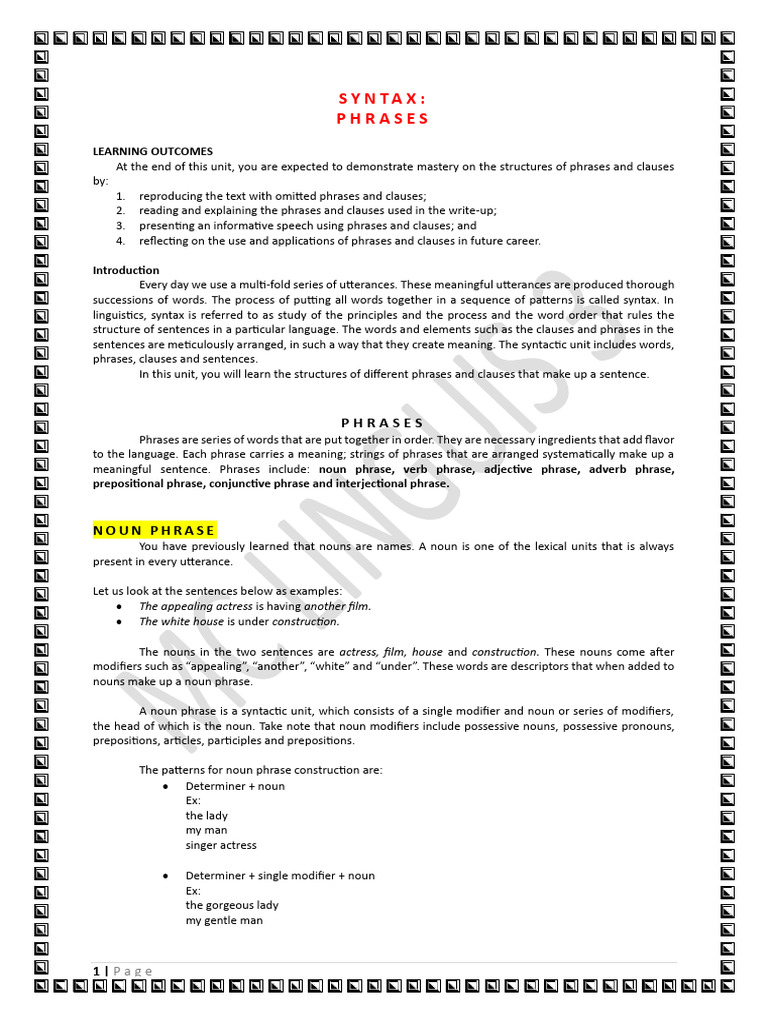 Syntax Phrases Pdf Verb Adverb