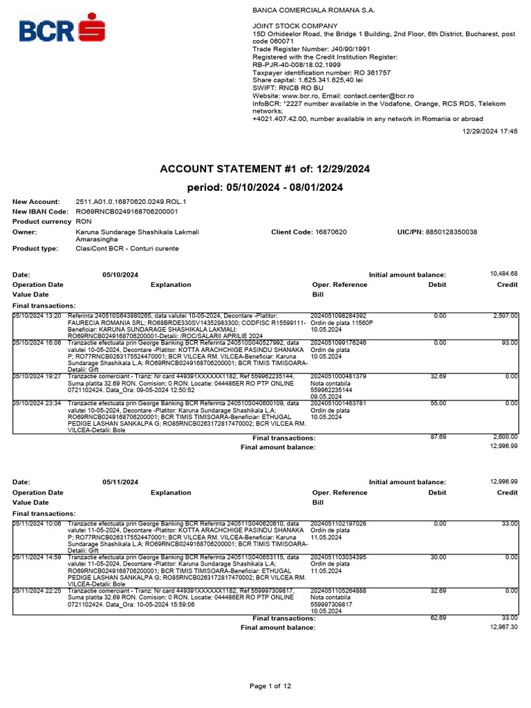 BCR Account Statement Overview | PDF | Banking | Financial Services