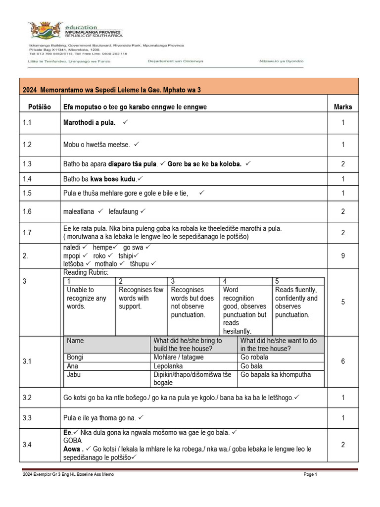 Sepedi Gr3 memo | PDF | Publishing | Typographical Symbols
