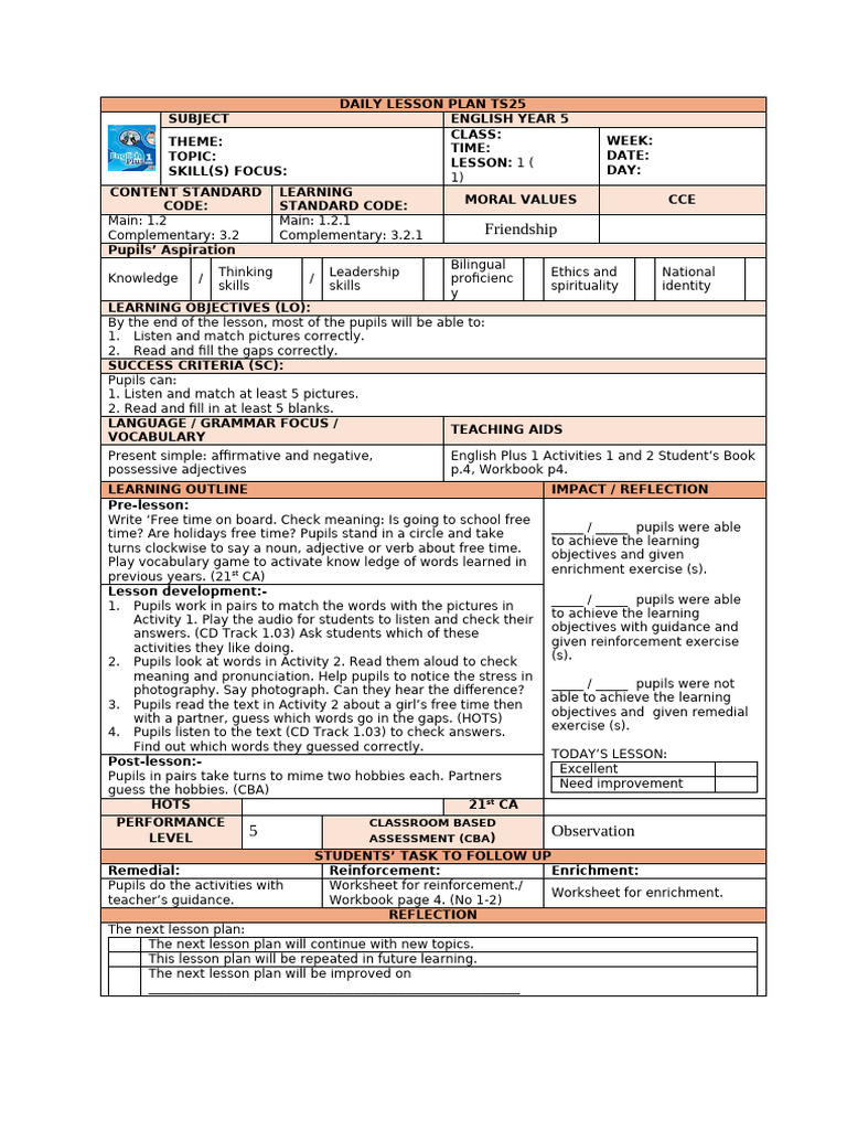 DAILY LESSON PLAN TS25 | PDF | Lesson Plan | English Language