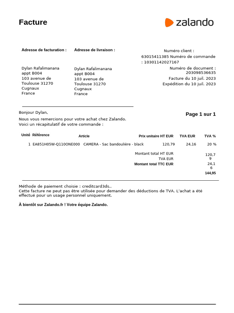 Facture d'achat Zalando - Juil. 2023 | PDF