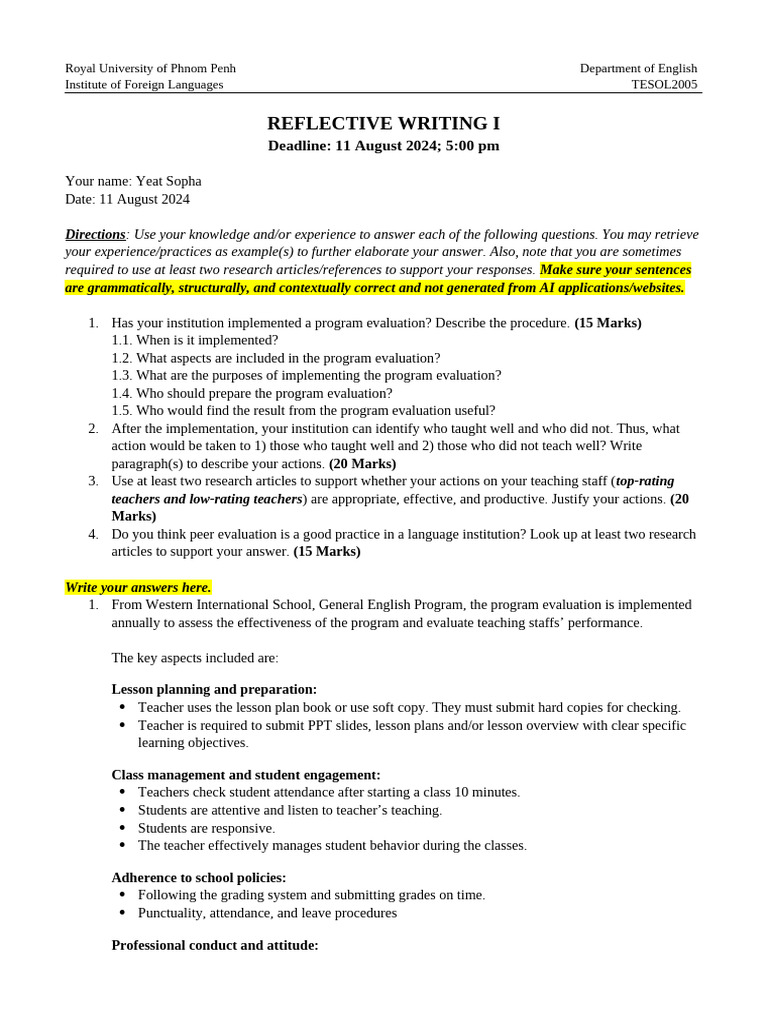 MA - Reflective Writing I (Program Evaluation) | PDF | Teachers ...