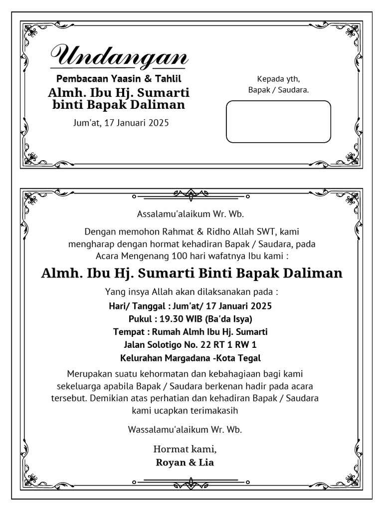 Putih Hitam Minimalis Klasik Undangan Yasin Dan Tahlil - 20250115 ...
