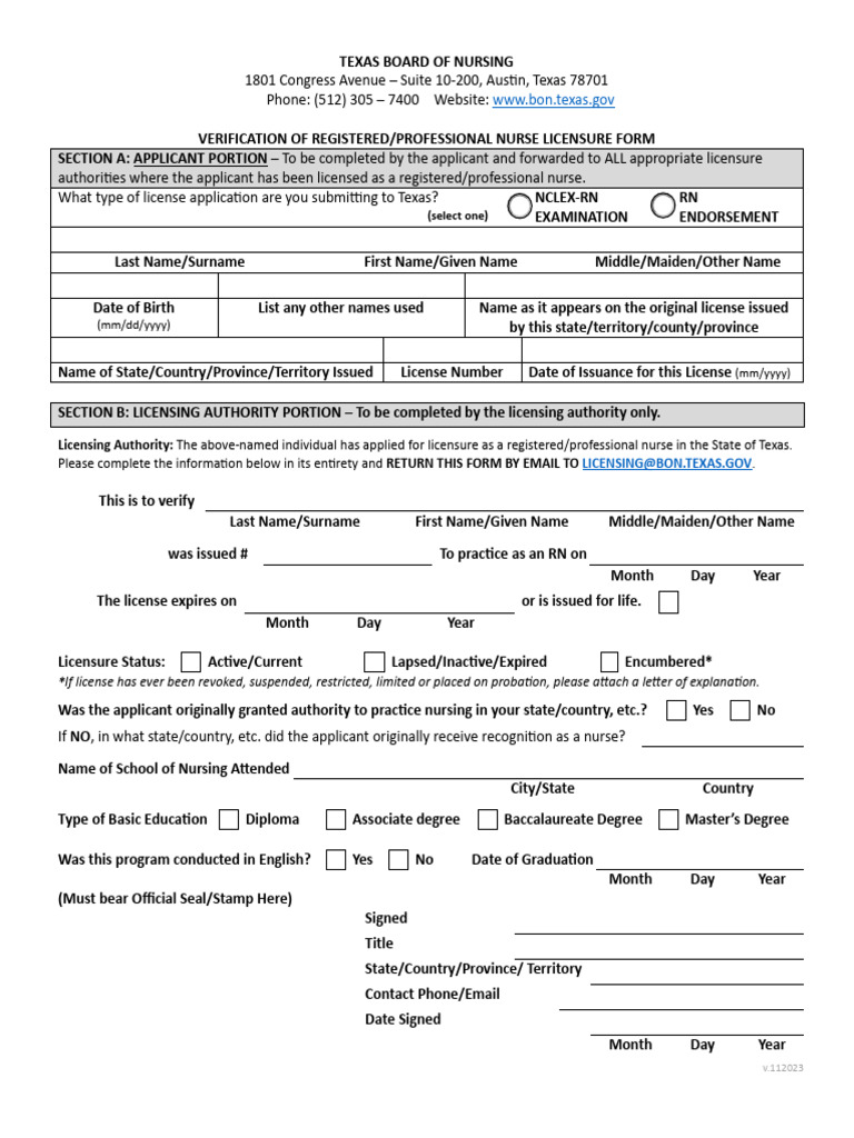 Texas Nurse Licensure Verification Form | PDF | Nursing | Health Care