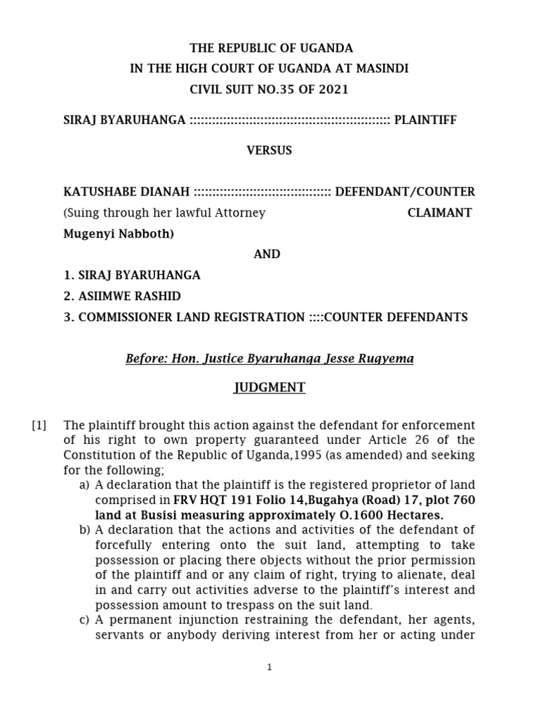 Byaruhanga V Katushabe (Suing Through Her Lawful Attorney Mugenyi) and ...