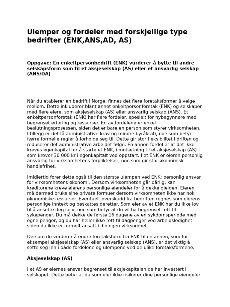 Ulemper og fordeler med forskjellige type bedrifter | PDF