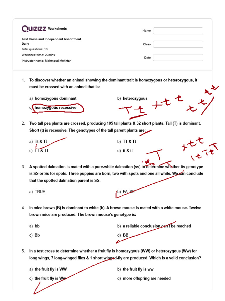 Test Cross and Independent Assortment Daily - Quizizz | PDF | Dominance ...