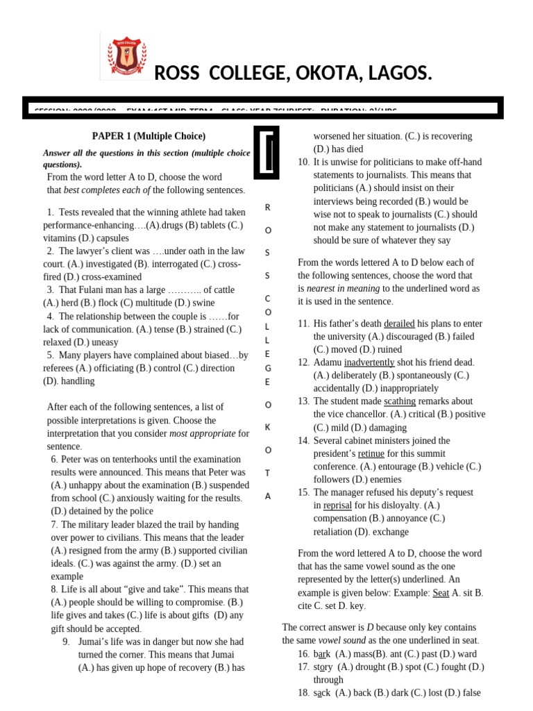 Year 7 Mid-Term Exam Paper 2022/2023 | PDF