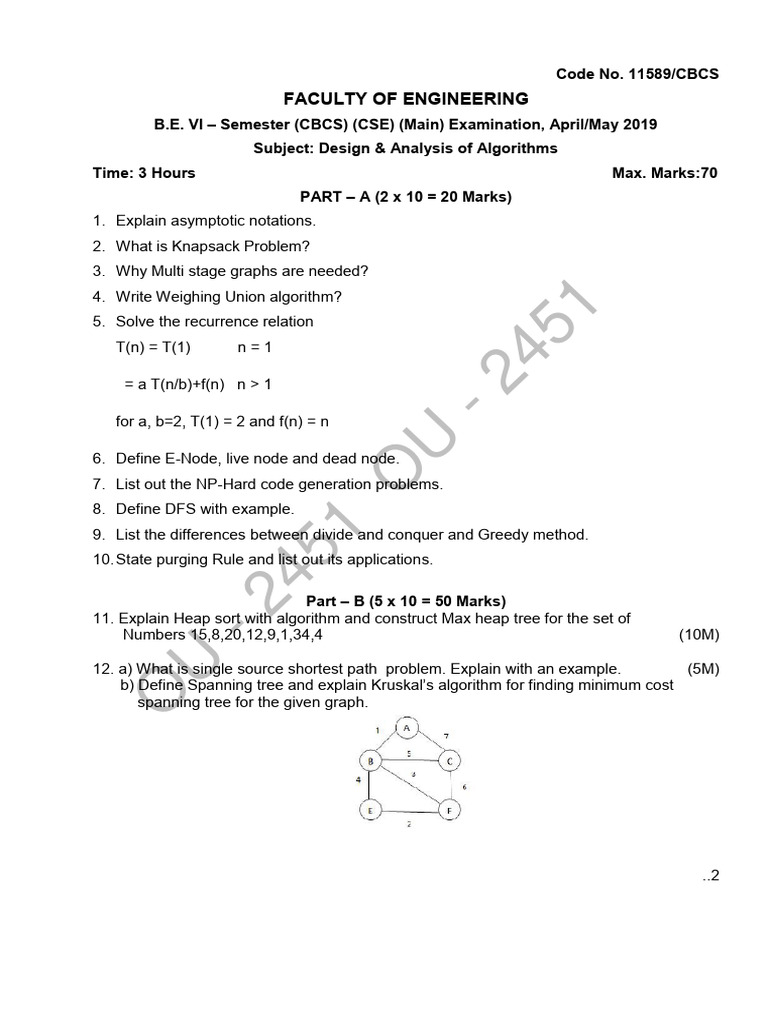 Be Cse 6 Sem Design and Analysis of Algorithms 11589 May 2019 | PDF | Applied Mathematics ...