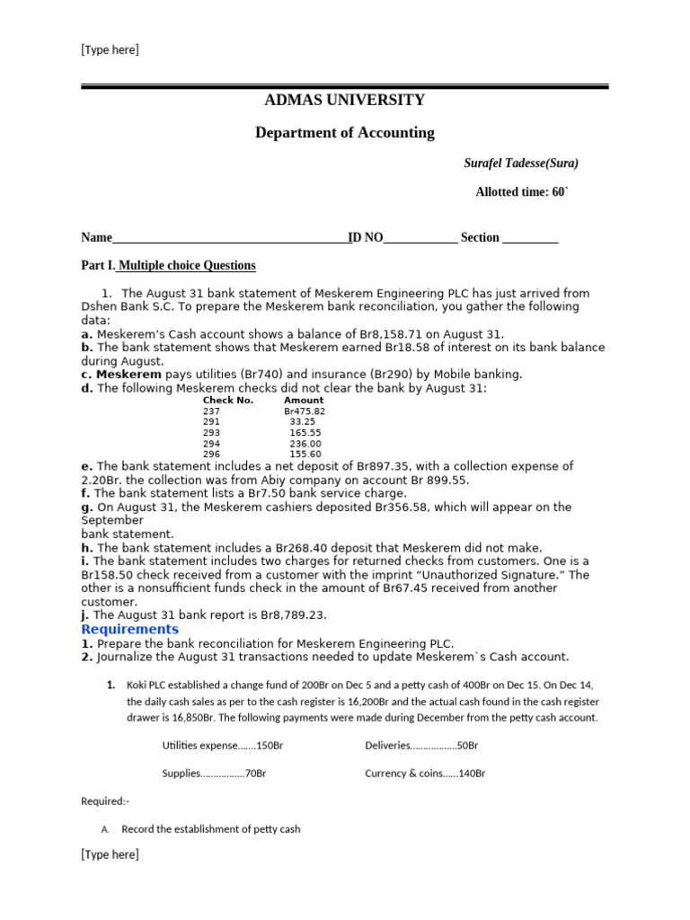 Balance Cash Holding Exam - Docx22 | PDF | Cash | Banks